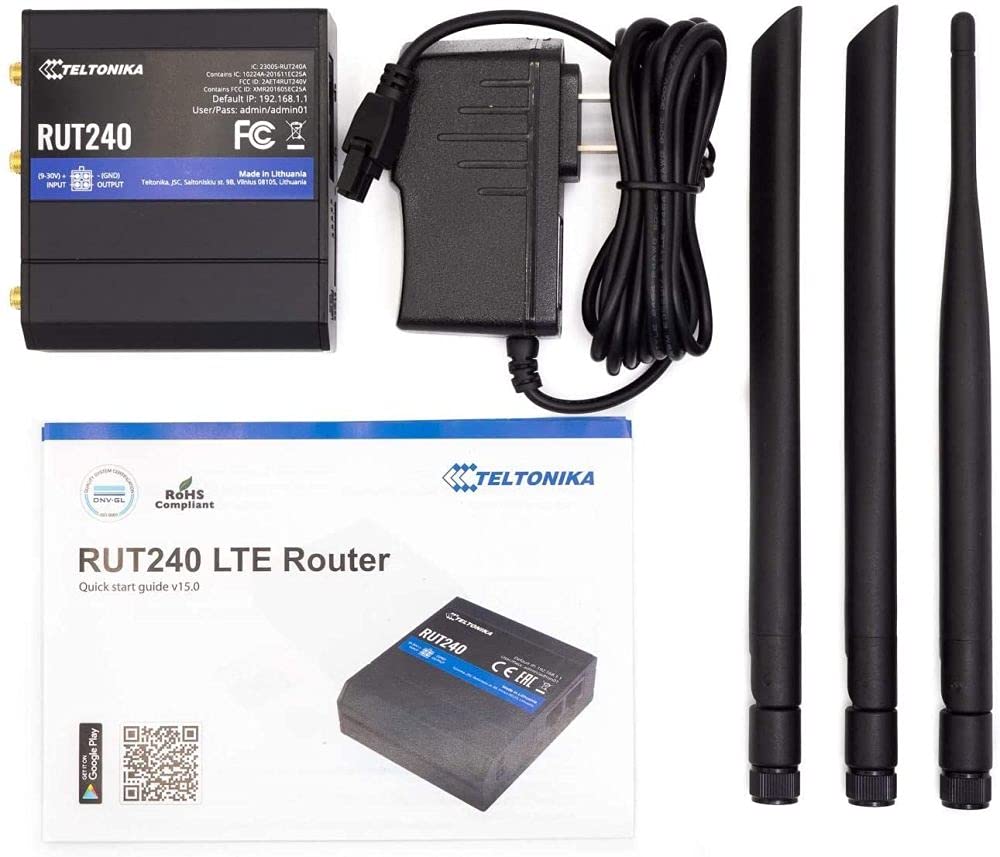 Teltonika RUT24002U000 Model RUT240 Industrial 3G/4G LTE Cellular Router for Verizon; Automatic Switch to Available Backup Connection; Wireless Access Point with Hotspot Functionality