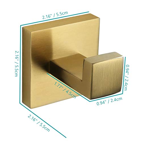 VELIMAX Premium Stainless Steel Towel Hook Square Robe Hook Coat Hook Heavy Duty Wall Mounted Luxury Hooks for Bathroom Hotel, Brushed Gold, 2-Pack