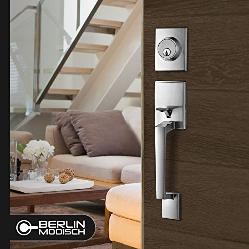 Berlin Modisch Single Cylinder HandleSet with Lever Door Handle (for Entrance and Front Door) Reversible for Right and Left Handed and a Single Cylinder deadbolt Handle Set Satin Nickel Finish