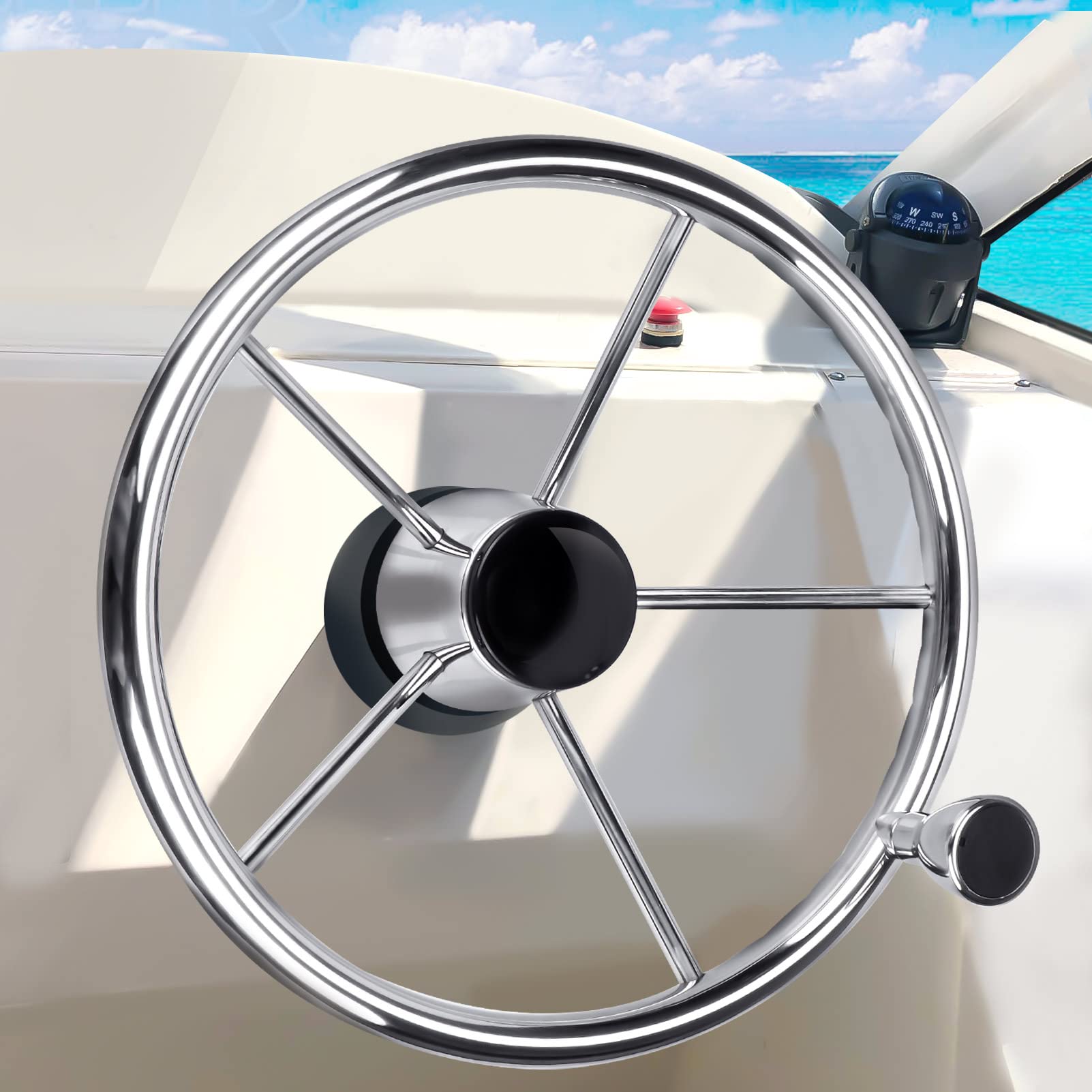 5-spoke Destroyer Style 316 Stainless Boat Steering Wheel with Tapered Knob -13-1/2 Inch
