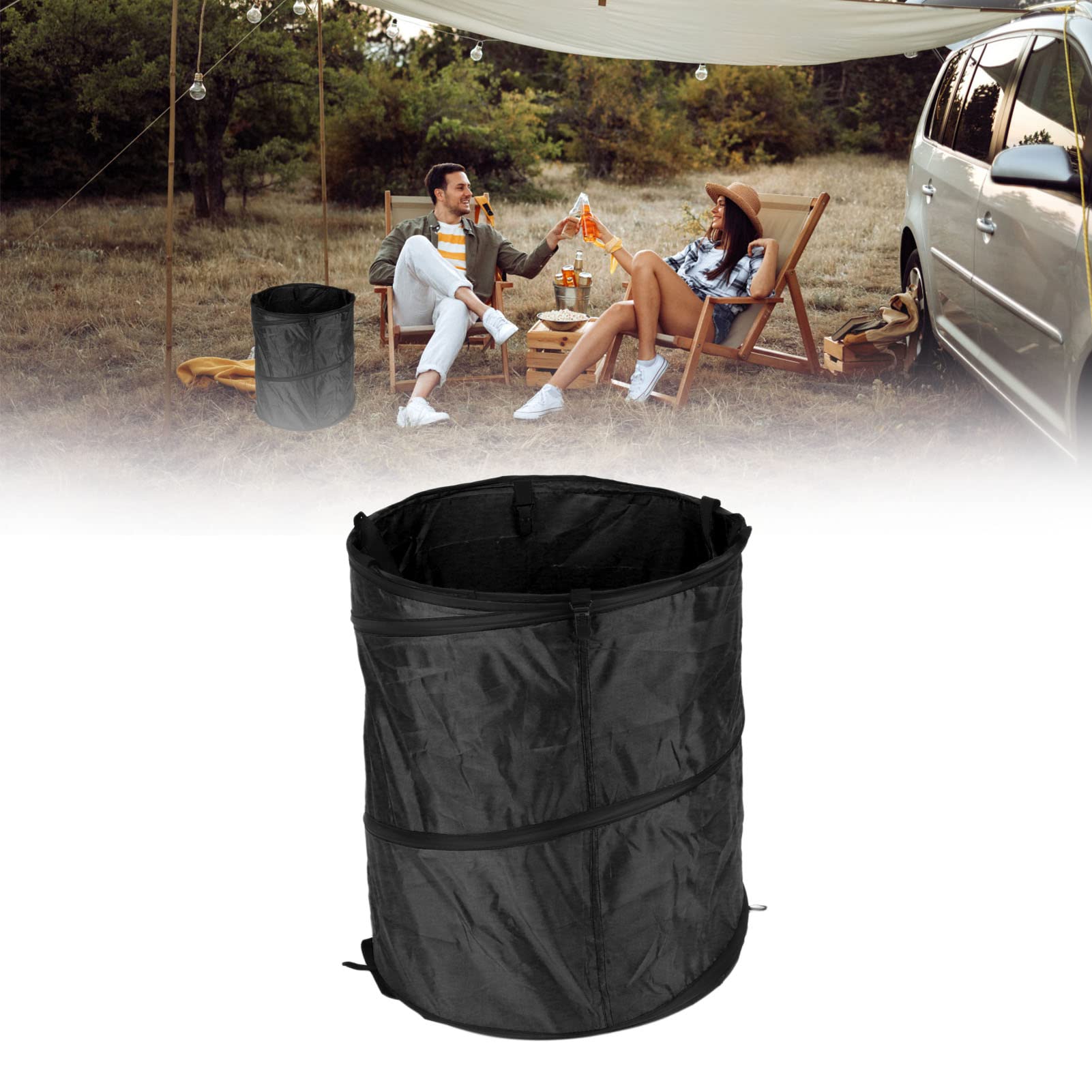 Trash Can, 24 Gallon Reusable Outdoor Portable Up Trash Can Camping Trash Can, Locking Design Foldable Waterproof Garbage Can for Parties Camping Recycling (Black)