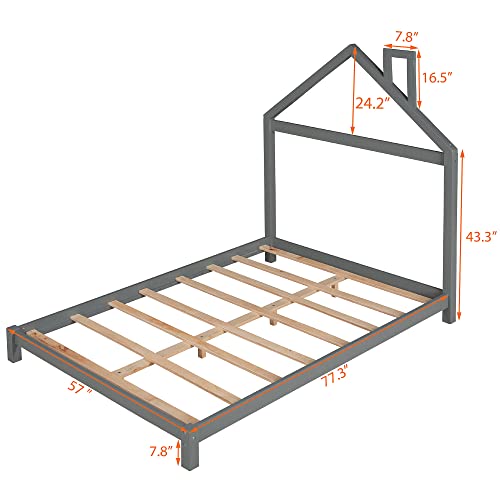 BIADNBZ Full Size Platform Bed Frame with House-Shaped Headboard for Kids Boys Girls Bedroom, Wooden Slats Support, No Box Spring Needed, Gray