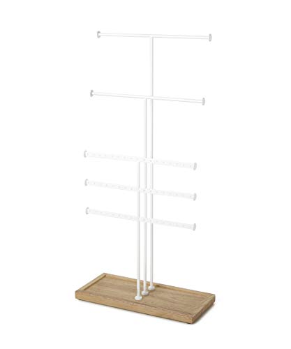 Umbra Trigem Tiered Tabletop Jewelry Organizer Freestanding Hanging Necklace, Earring and Bracelet Display, 5, White Natural