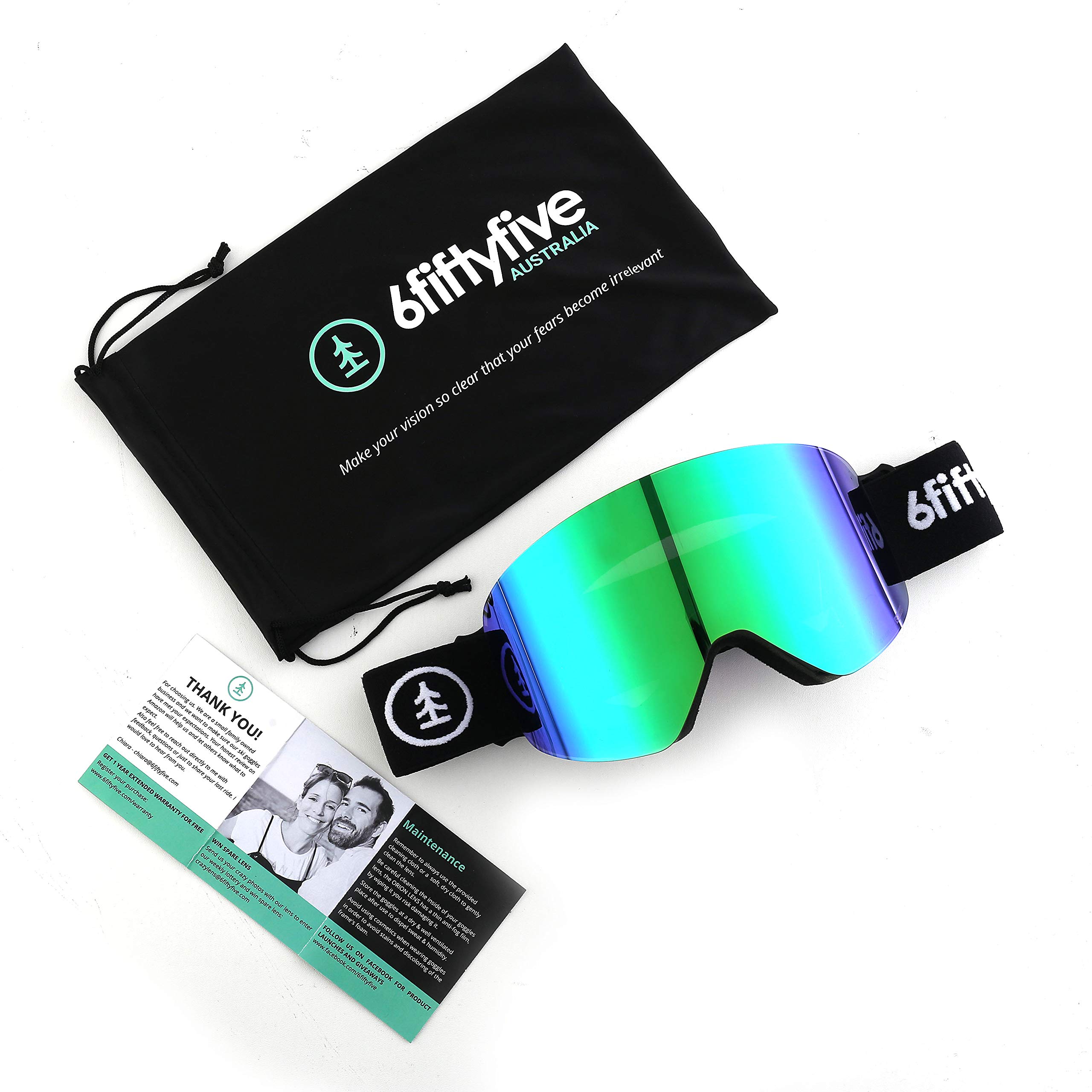 6fiftyfive - Ski Goggles Men and Women - Frameless, Full REVO Coating, Anti Fog, Magnetic Quick Change Lens, 100% UV400, OTG - Ski, Snowmobile and Snowboard