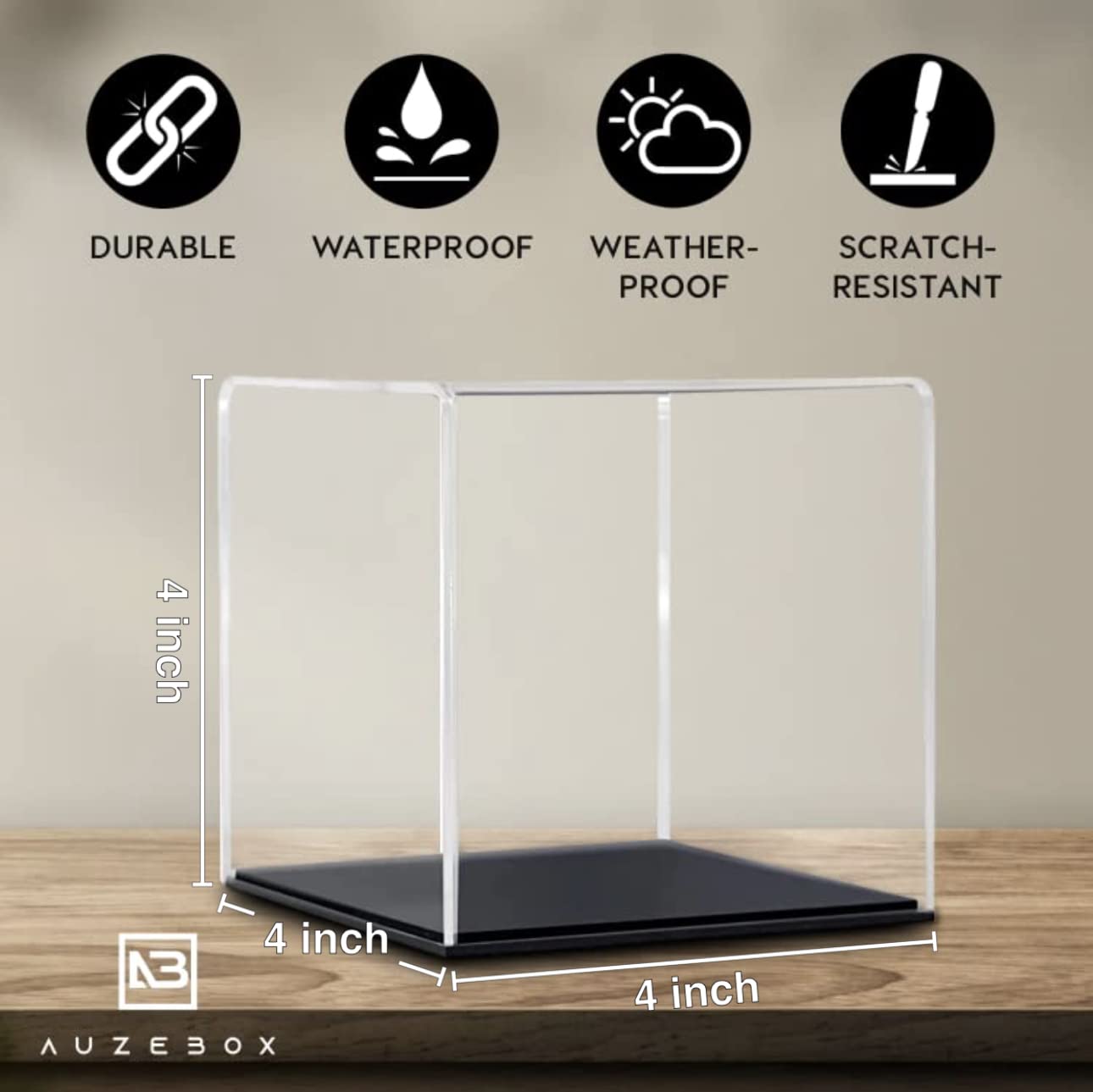 AUZEBOX Acrylic Display Case with Black Base- Highly Transparent, Dustproof and Clear Vision Lego Display Case for Action Figures, Legos, Trophy, Model Cars, and Any Toy Collectables 4x4x4 Inches