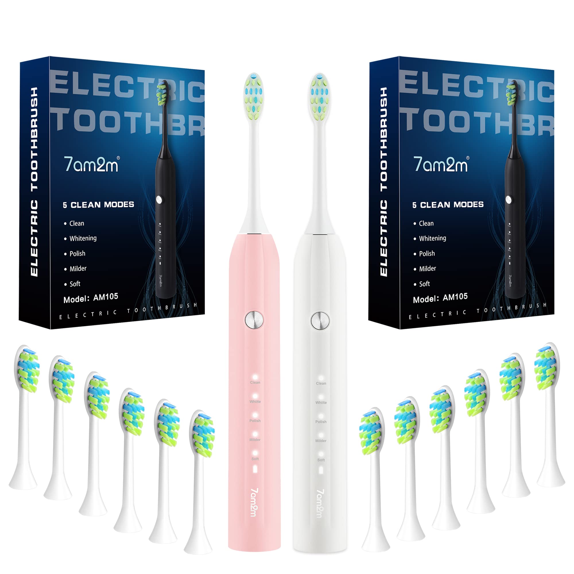 7AM2M Sonic Electric Toothbrush 2 Pack Set for Kids and Adults, 12 Brush Heads,5 Adjustable Modes, Built-in 2-Minute Smart Timer, USB Charge IPX7 Waterproof SonicToothbrush (PINK&WHITE)