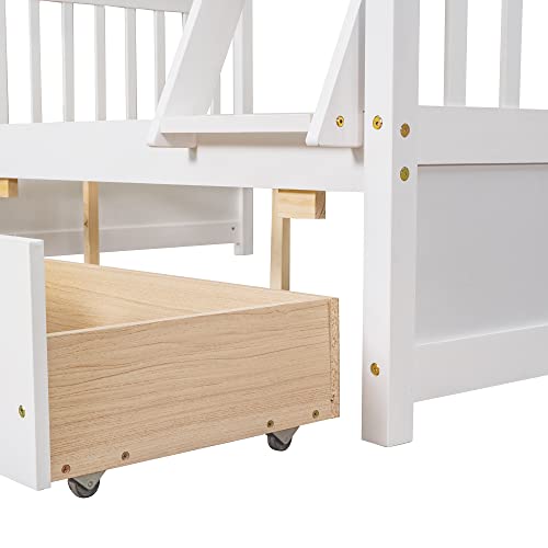 BIADNBZ Twin Over Full Bunk Bed with Two Drawers, Convertible Bunkbeds, Solid Wood Bedframe Furniture with Storage and Ladder, for Kids Teens Adults Bedroom, White