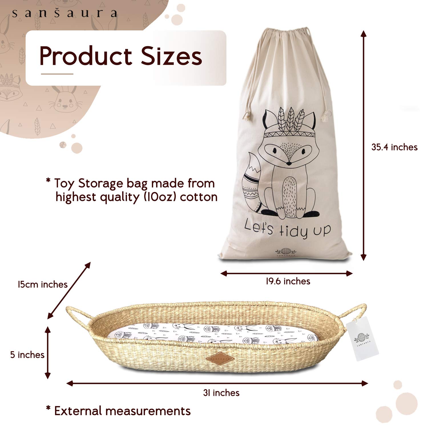 Sansaura Nursery Set - Seagrass Baby Changing Basket, Diaper Basket, with Thick Waterproof Pad & 100% Cotton Fitted Sheet, Toy Storage Bag, Woodland Designs, Shower Gift for Newborns, Boho nursery
