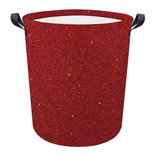 Bling Red Glitter Waterproof Laundry Baskets Collapsible Laundry Hamper with Handles Large Round Toy Bin for Dirty Clothes,Kids Toys,Bedroom,Bathroom