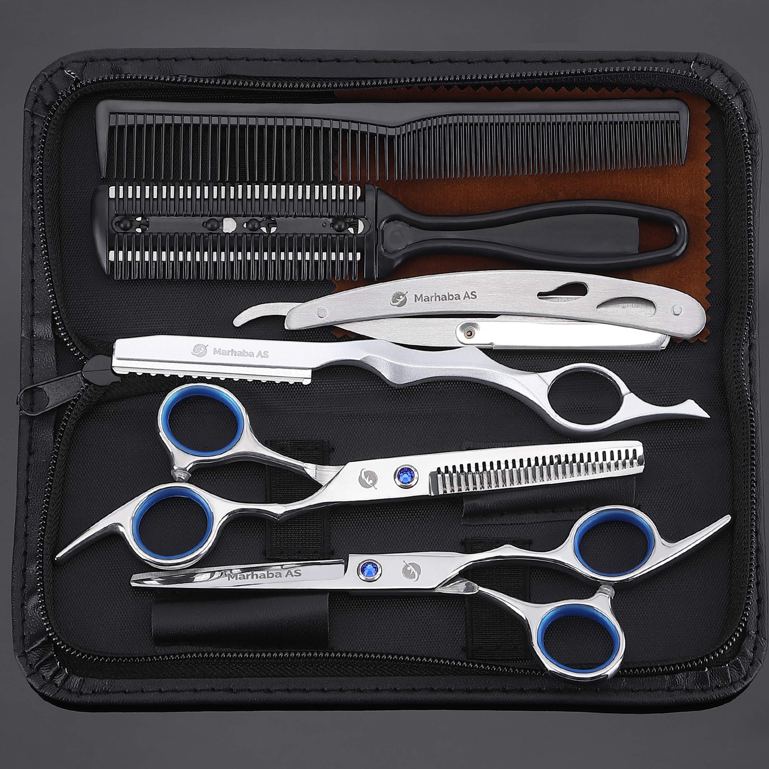 Marhaba AS Hair Cutting Scissors Kit - Professional 10 Piece Barber Scissors Set with Hair Scissors Thinning Shears for Hair Cutting, Stainless Steel Barber Scissors with Cape and Feather Razor