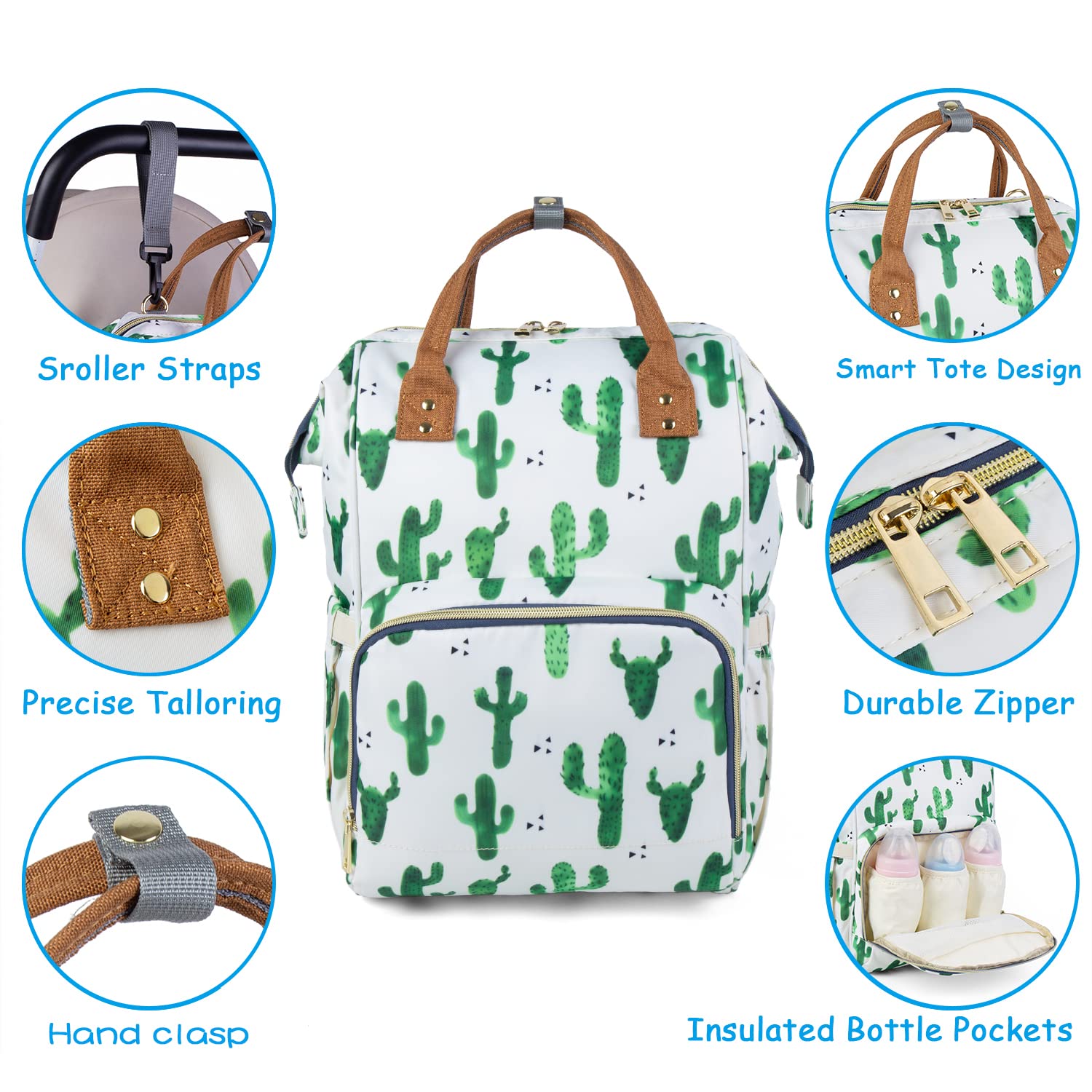 Starte Flower Baby Diaper Backpack with Stroller Straps Large Capacity Baby Bags for Fashion Mommy Maternity Nappy Bag Cactus