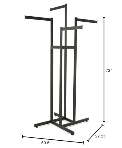 Clothing Rack – Black 4 Way Rack, Adjustable Height Arms, Blade Arms, Square Tubing, Perfect for Clothing Store Display With 4 Straight Arms