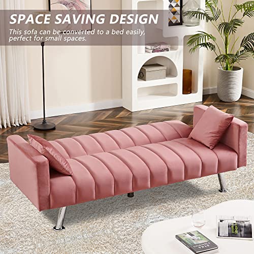 AWQM Sofa Bed, Upholstered Convertible Sofa Bed with 2 Pillows, Modern Sleeper Sofa Couch with Wooden Frame and Metal Legs, Comfortable Velvet Sofa Suitable for Living Room Bedroom Office (Pink)
