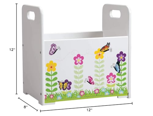 Fox Valley Traders Kids Wooden Book Caddy, Children’s Book Storage Bin, Flowers and Butterflies Design