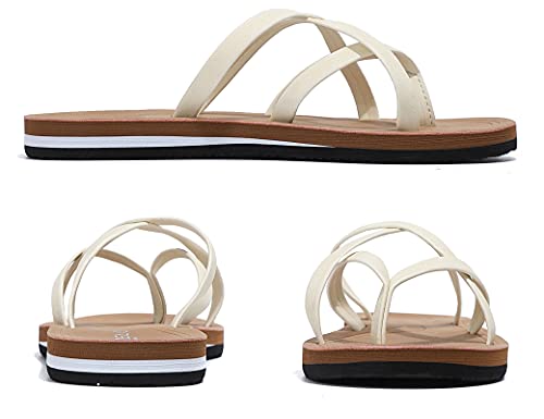 AX BOXING Flip Flops For Women Thong Sandals Faux Leather Slide Beach Pool Slipper Sandals(White-11,7)