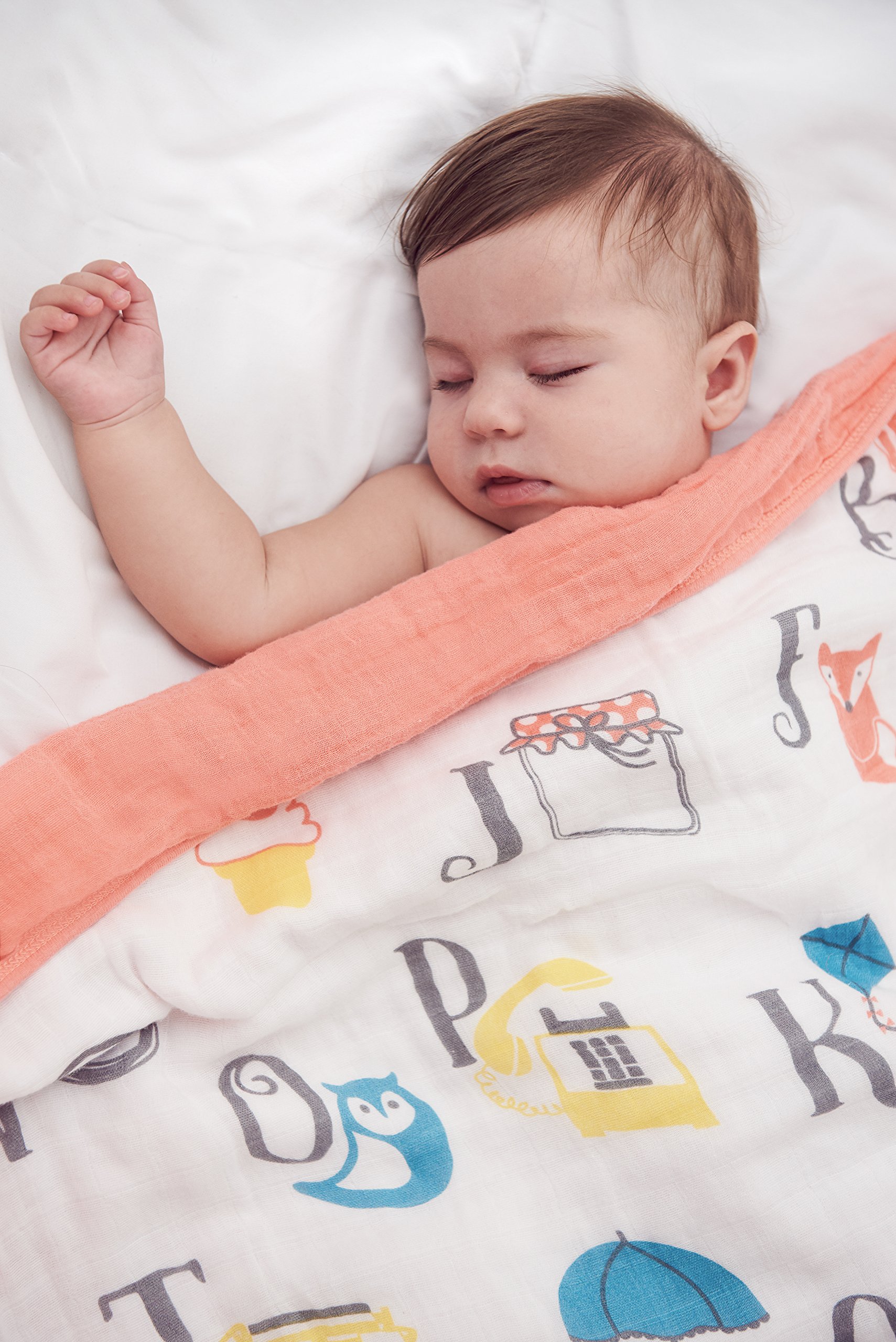 Clover & Sage Organic Muslin Baby Toddler Blanket - 100% Hypoallergenic Cotton Bed Blankets - Alphabet