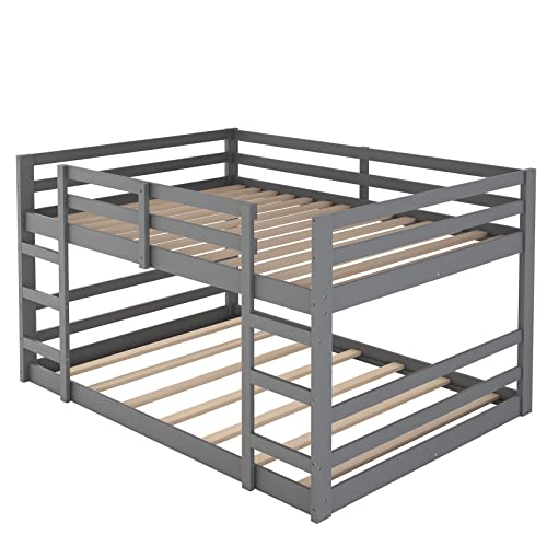 Bunk Beds Full Over Full Low Bunk Bed Frame Wood Floor Bunkbed for Kids Toddlers Boys Girls Teens’ Bedroom Dorm, Gray