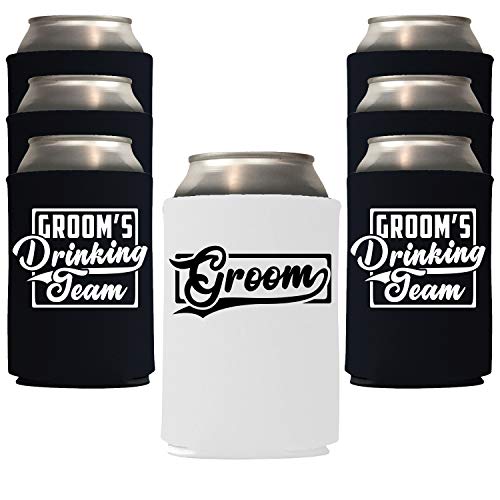 Veracco Groom and Groom's Drinking Team Can Coolie Holder Bachelor Party Wedding Favors Gift For Groom Groomsmans Proposal (12, Wht Groom, Blk DT)