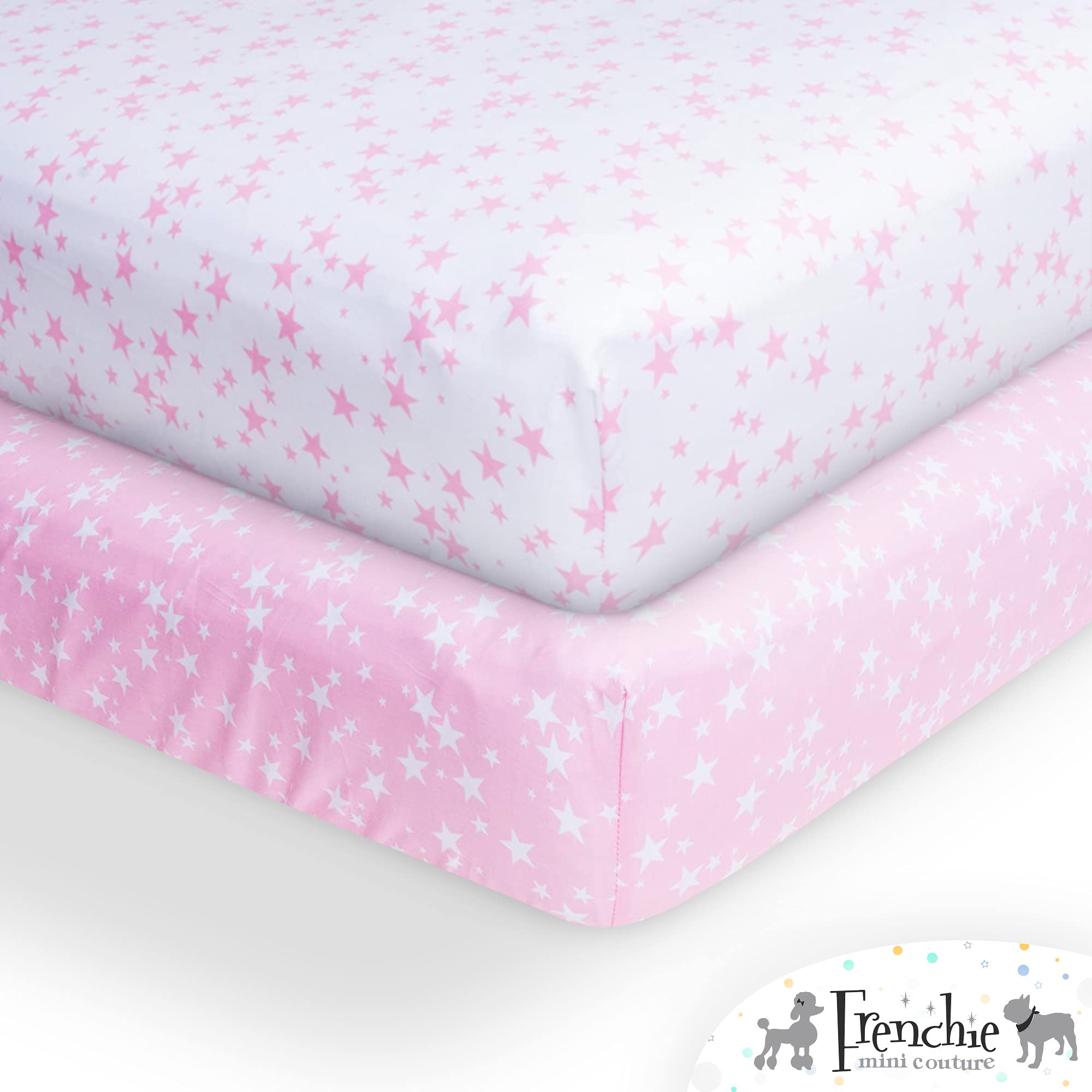 Frenchie Mini Couture Fitted Crib Sheets 100% Woven Cotton Fits Toddler Mattress, Pink Stars, 70 x 140 x 20cm, 2-Pack