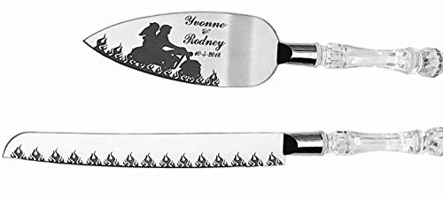Aaron's Etching Flaming Motorcycle Biker Engraved Wedding Cake Knife/Server Set with Names and Date
