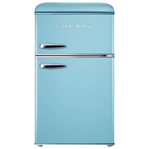 Galanz GLR31TBEER Retro Compact Refrigerator, Mini Fridge with Dual Doors, 3.1 Cu FT, Blue & GLCMKZ11BER10 Retro Countertop Microwave Oven with Auto Cook & Reheat, Defrost, 1.1 cu ft, Blue