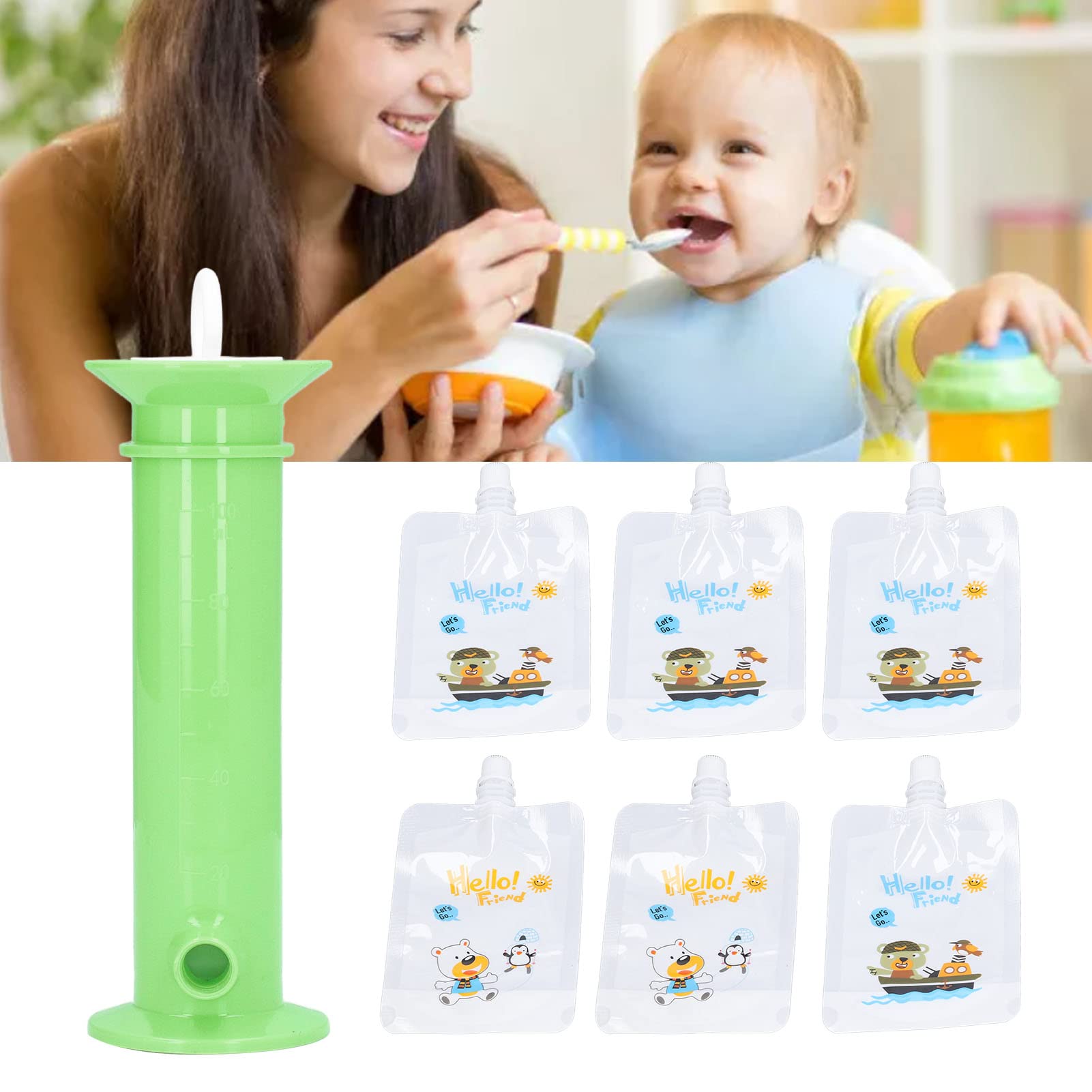7pcs Set Baby Food Pouch Maker Reusable Pure Color Pouches Toddler Fruit Squeeze Puree Filler for Kids (Green)