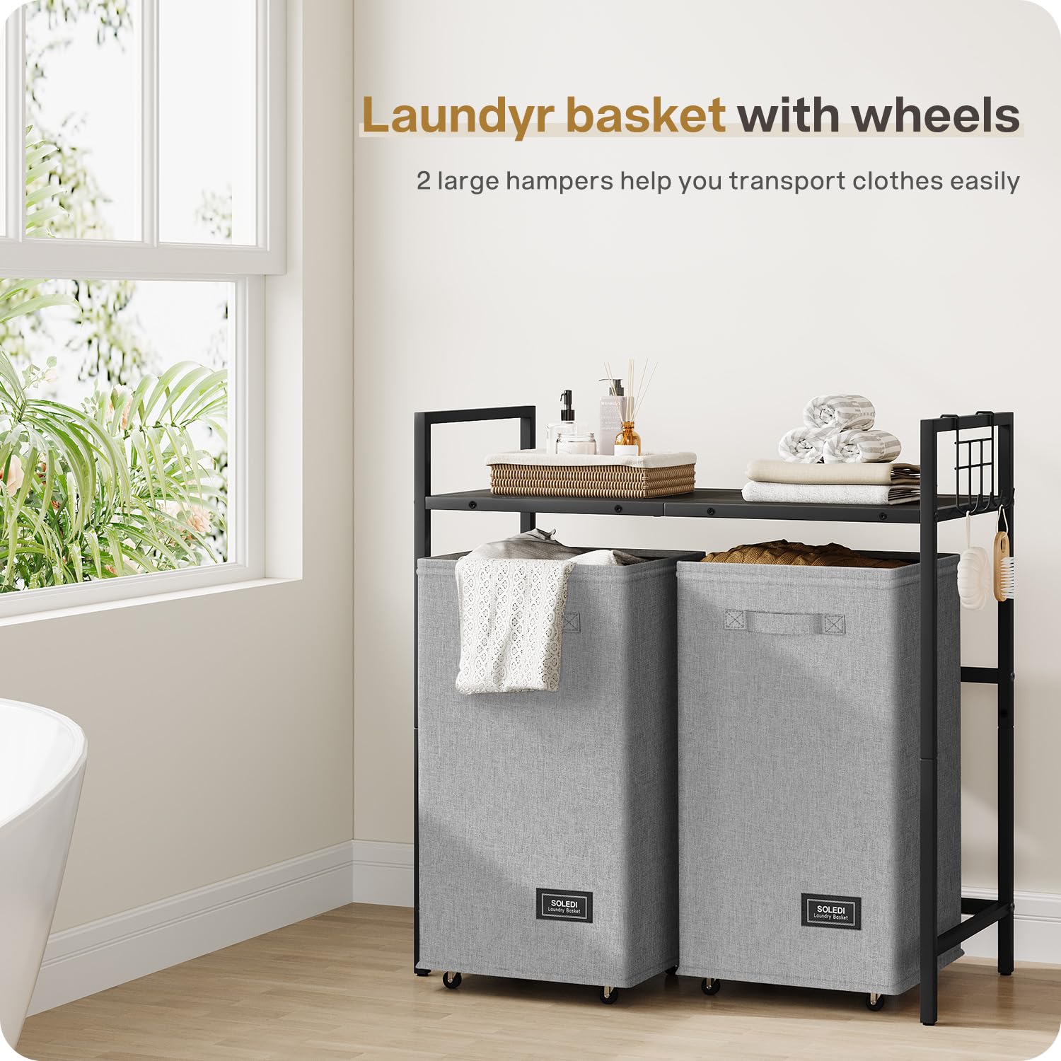SOLEDI Double Laundry Hamper with Shelf, Rolling Laundry Basket with Wheels, Metal Frame Laundry Sorter Organizer, 120L Large Clothes Hamper for Laundry Room Bathroom Brown