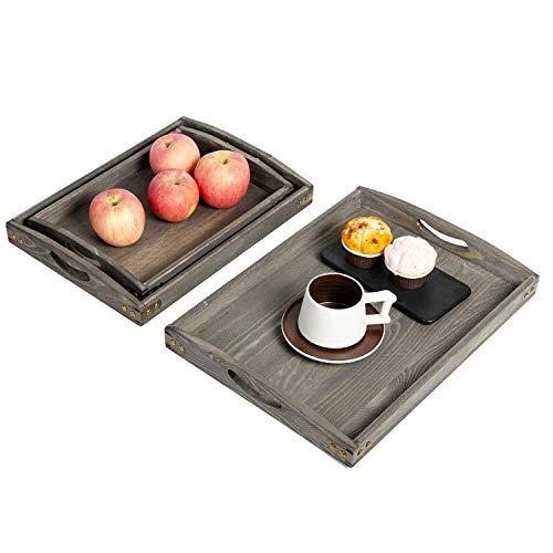 VERGOODR Country Farmhouse Rustic Wood Nesting Dinning Breakfast Serving Trays with Wood Handles, Set of 3,Can Put Food, Fruit, Plates|Ottoman Decorative Coffee Table Tray (Rock Grey)