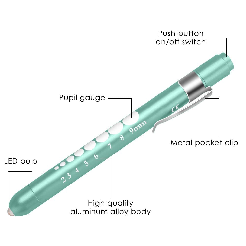 FITA Medical Pen Lights for Nurses Doctors, 2 Pack Reusable Penlight LED Tactical White Light with Pupil Gauge and Ruler, Replaceable Batteries (Pale Pink/Teal Green)