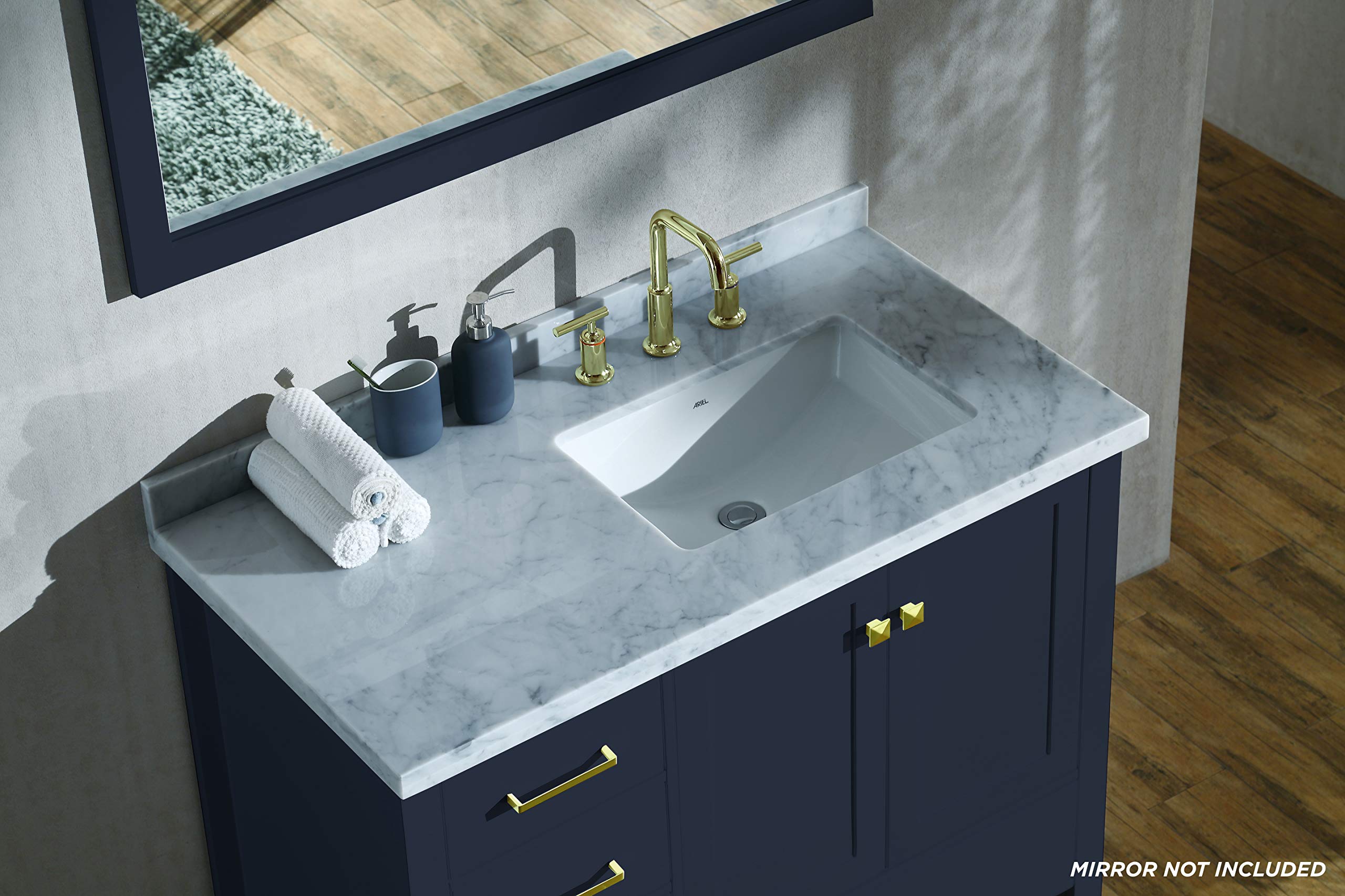 ARIEL Cambridge 43" Inch Single Right Offset Rectangular Sink Solid Wood Midnight Blue Bathroom Vanity Cabinet with 1.5" Inch Edge White Carrara Marble Countertop and Backsplash, No Mirror