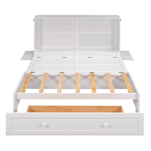 BIADNBZ Wooden Murphy Bed Frame Queen Size with Drawer and Little Shelves on Each Side, Versatile Platform Bedframe for Bedroom Guestroom Dorm, White