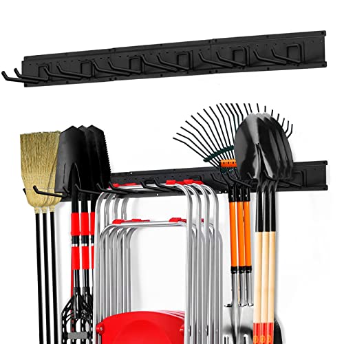 Garage Tool Storage Rack, Heavy Duty Wall Mounted Tools Organizer, Steel Garden Tool Storage System, Shovel Holder Organization Hanger with 6 Double-Hooks, 49.5inch Tracks Max Load 300lbs