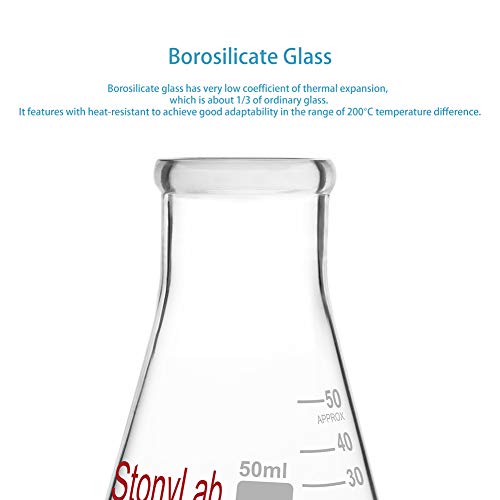 stonylab 1-Pack Glass 50 ml Heavy Wall Narrow Mouth Erlenmeyer Flasks with Heavy Duty Rim - (50ml Fits with StonyLab 4# Rubber Stopper)