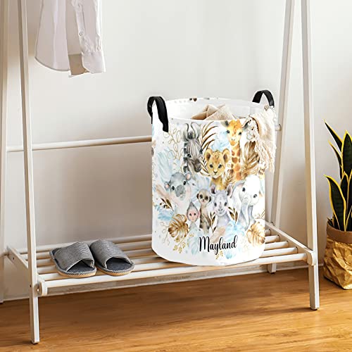 Blue Gold Tropical Jungle Safari Animals Personalized Laundry Hamper with Handles Waterproof,Custom Collapsible Laundry Bin,Clothes Toys Storage Baskets for Bedroom,Bathroom Decorative Large Capacity 50L