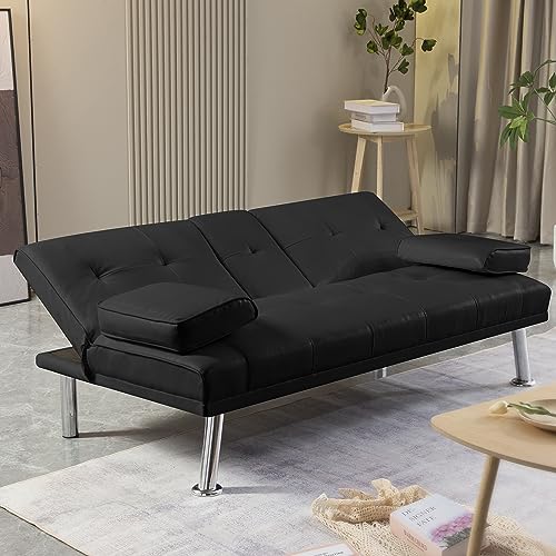 Anwick Modern Leather Futon Sofa Bed,Convertible Folding Couch Recliner Sleeper Loveseat for Small Space,Apartment,Office,Dorm,with Cup Holders and Removable Armrest (Black-New)
