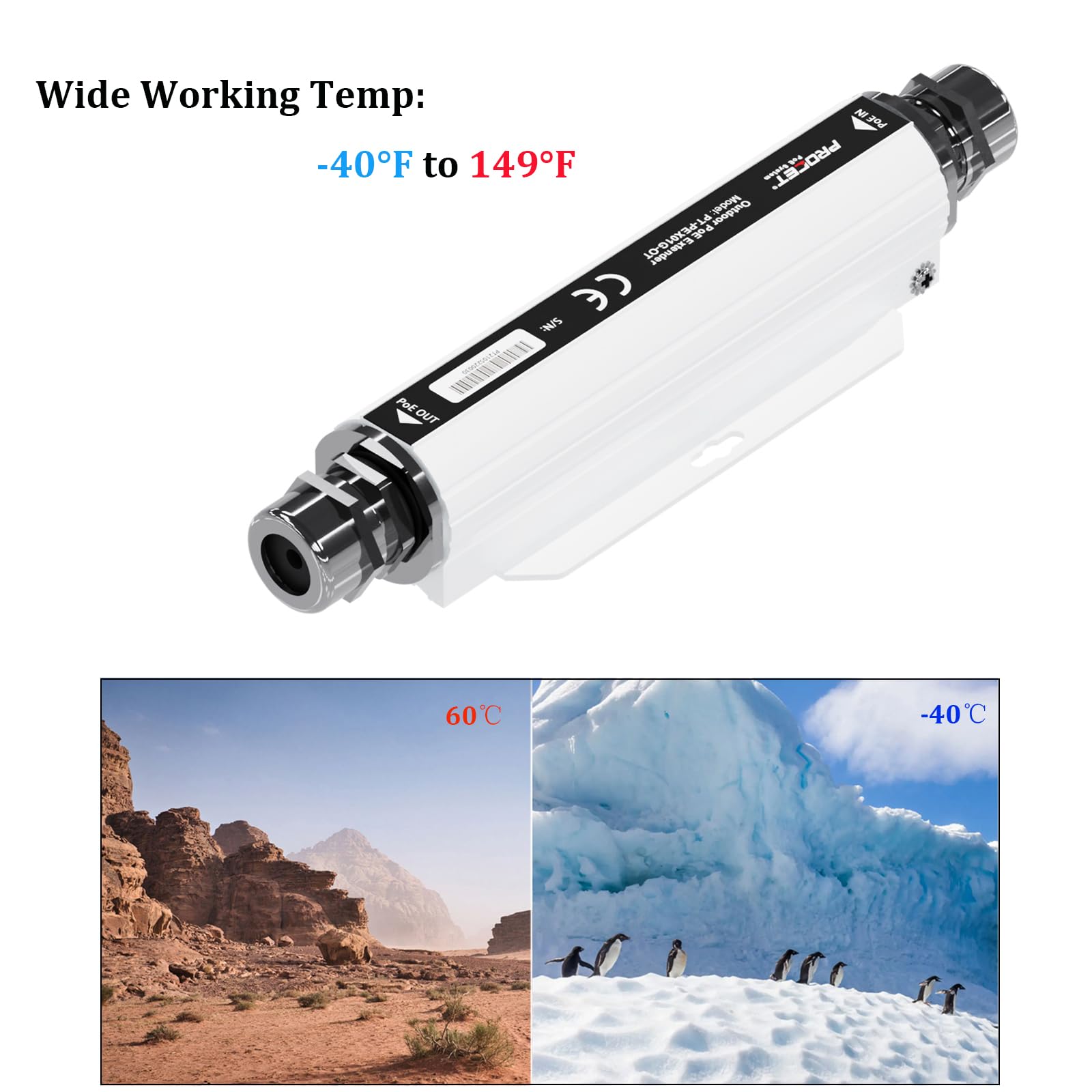 PROCET Gigabit PoE Extender Outdoor, Aluminum Alloy IP67 PoE Repeater, Output 802.3af/at, 6KV Surge Protection, Expand 328FT, Wide Working Temp -40℉ to 149℉, PT-PEX01G-OT