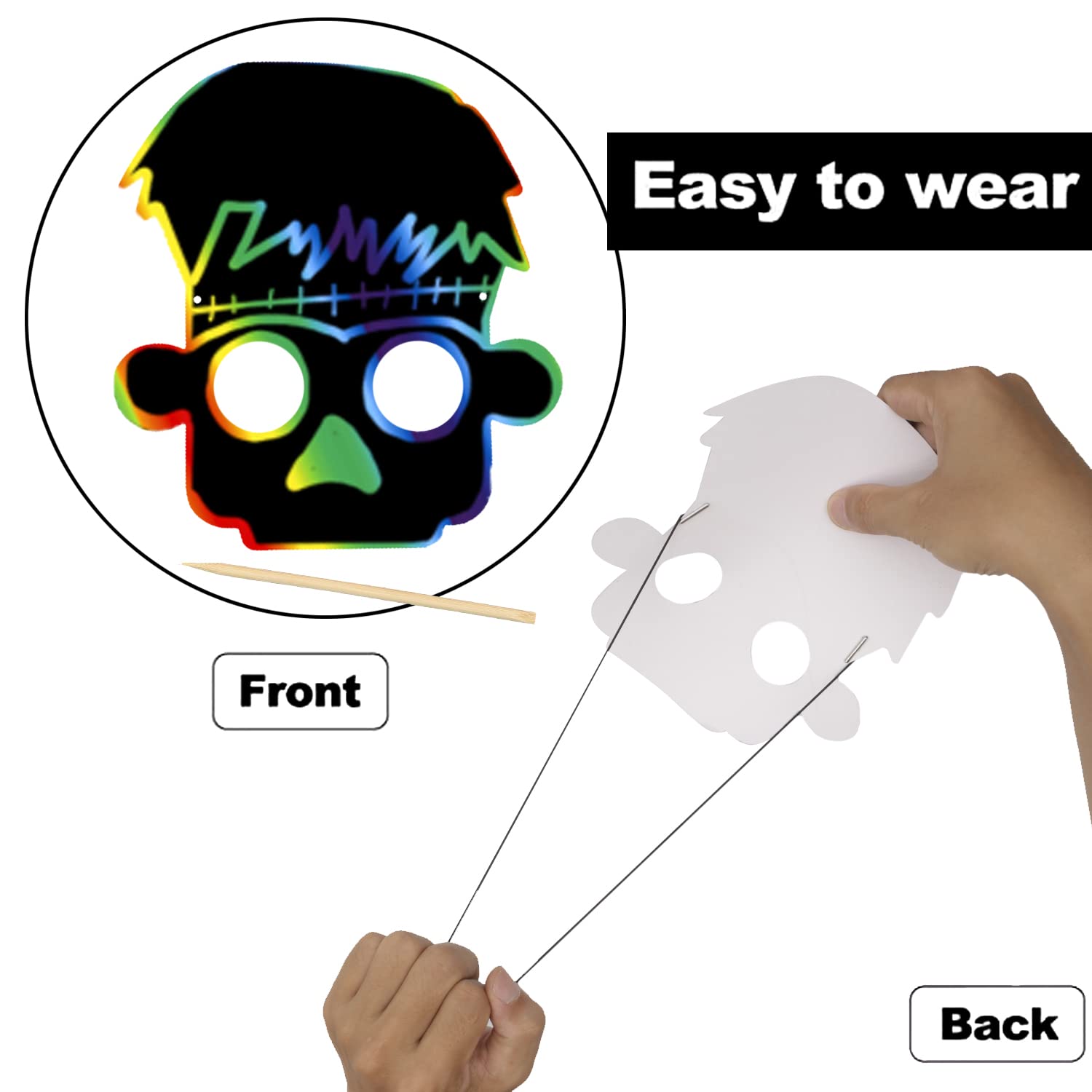 48PCS Halloween Rainbow Scratch Mask Art Craft Kit, Bat Witch Pumpkin Zombie Pirate Skull Magic Scratch Paper Art Mask for Halloween Party Crafts Classroom Decorations