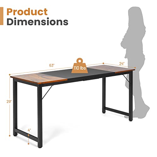 COSTWAY 63” Computer Desk, Modern Home Office Desk, Sturdy Steel Frame Writing Desk with Spacious Splice Desktop, Simple Laptop Desk for Study, Office, Dining Room, Simple Installation