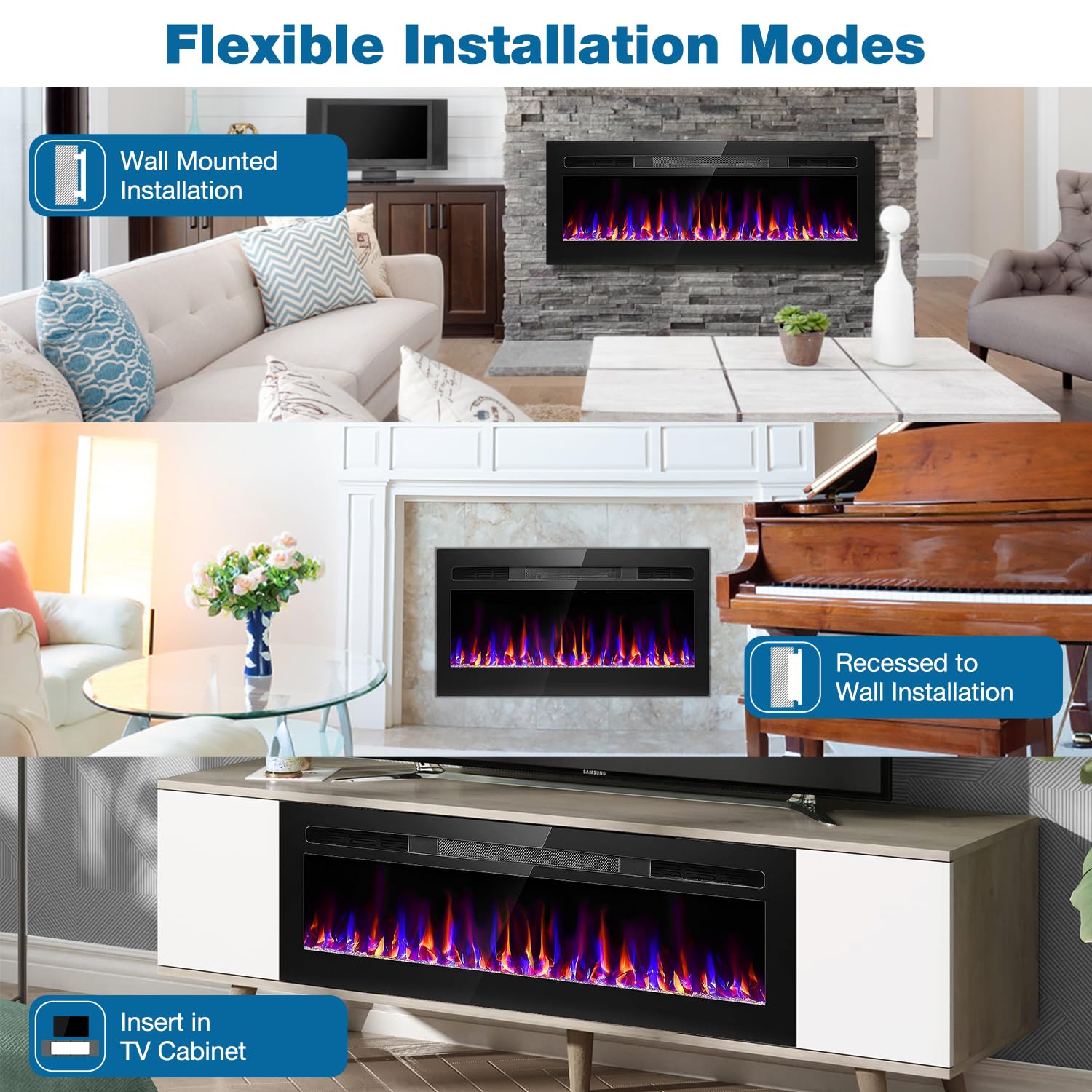 31 Inch Electric Fireplace Recessed and Wall Mounted, Fireplace Heater and Linear Fireplace, Ultra-Thin Electric Fireplace, Low Noise, with Timer, Remote Control, Adjustable 12 Flame Color, 750/1500W
