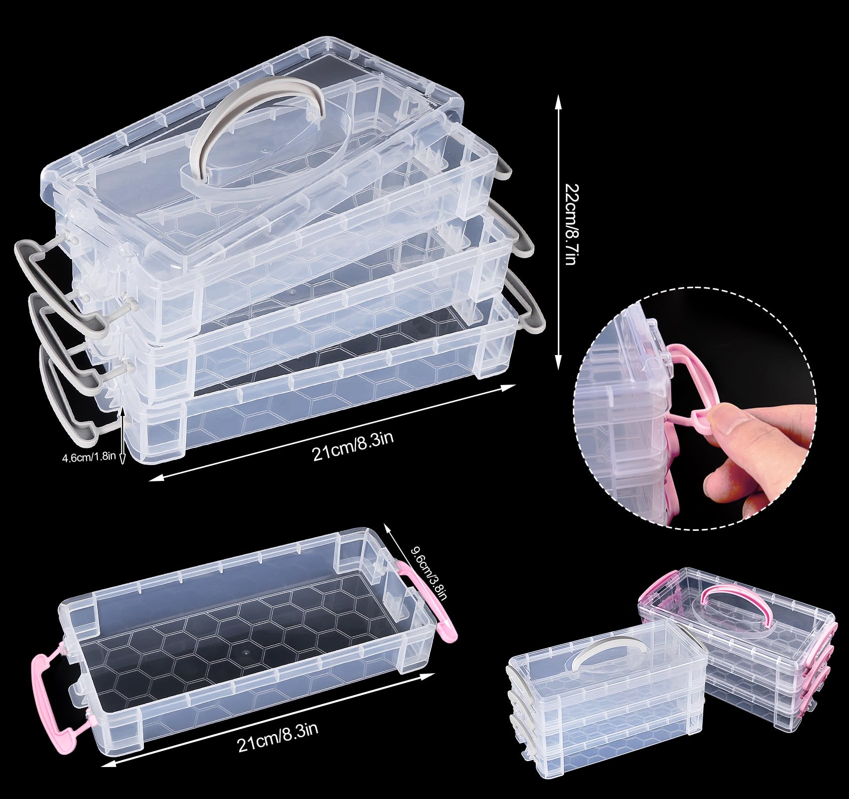Anstore Storage Bins with Lids, 2 x 3 Tier Stackable Clear Plastic Storage Bins, Storage Container with Handle for Home, Office Supplies and Craft organization and Storage(Pink&Grey)