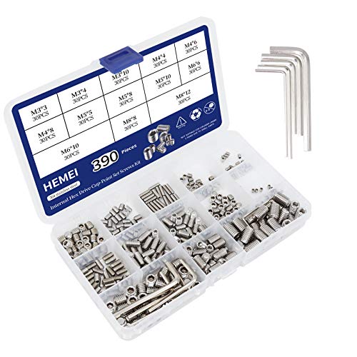 HEMEI 390Pcs M3/M4/M5/M6/M8 Hex Allen Head Socket Set Screw Assortment Kit Internal Hex Drive Flat Point 304 Stainless Steel Metric Grub Screw with 5pcs Hex Wrenches