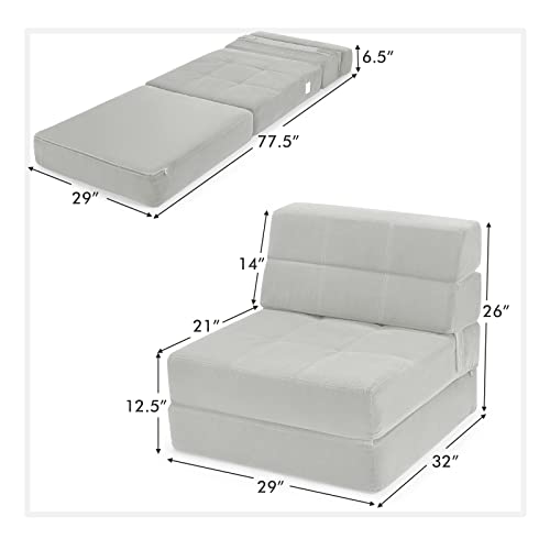 COSTWAY Triple Fold Down Sofa Bed, 3-in-1 Fold Floor Couch Lounge Sleeper with Thick Cushion, Flock Fabric, Convertible Design, Portable Single Guest Bed Mattress for Living Room Bedroom (Grey)
