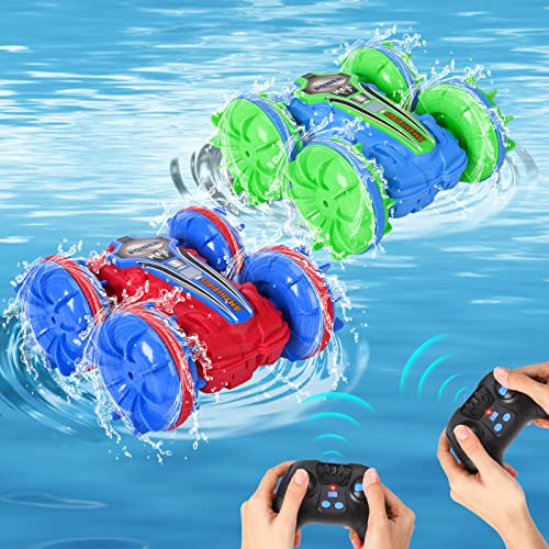 Acekid 2 Pack Amphibious Remote Control Cars for Boys 5-12, 4WD 2.4GHz Waterproof RC Stunt Car for Kids, Rotating 360° Off Road All Terrain RC Vehicle Water Beach Pool Toy
