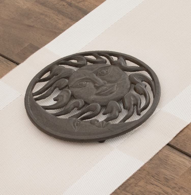 gasaré, Trivet for Hot Dishes, Pots and Pans, Metal Trivet, Sun and Moon Design, Cast Iron, Rubber Feet Caps, Ring Hanger, 8 Inches, Brown Finish, 1 Unit