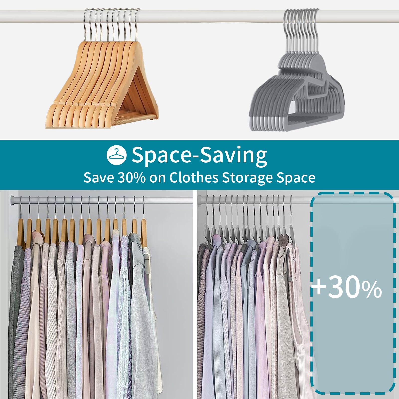 ABHENG 30 Pack Plastic Coat Hangers, Heavy Duty Pant Hangers, Space-Saving Suit Hangers with S-Shaped Opening, Non-Slip, 360º Swivel Hook, 16.3”L x 0.2”W x 8.9”H, Gray, UAPY0430G