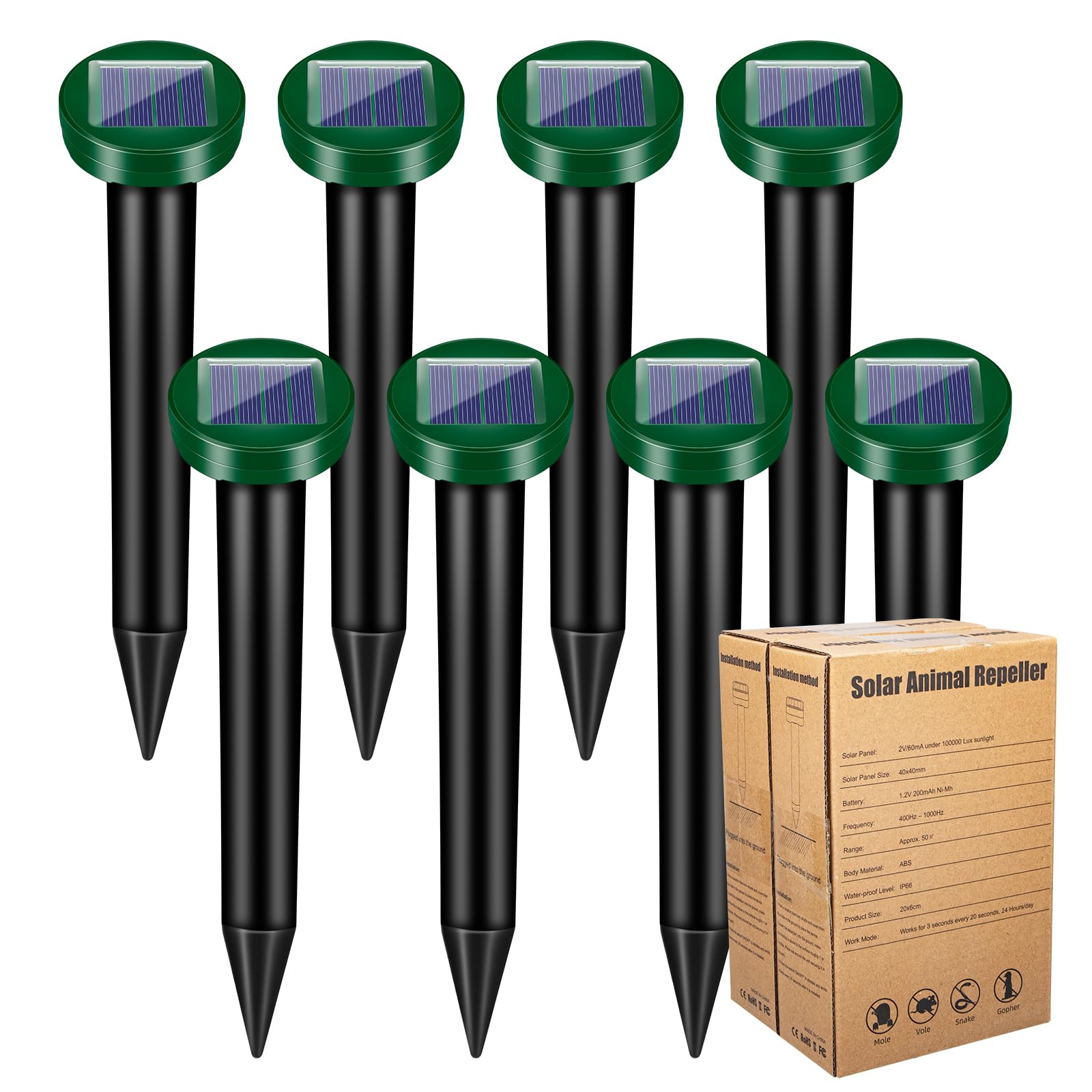 8 Pack Solar Mole Repellent Stakes 2024 Ultrasonic Animal Repellent Outdoor Solar Powered Waterproof Sonic Burrowing Mole Deterrent Spike for Mole Vole Groundhog Gopher Armadillo Snake for Yard Lawn