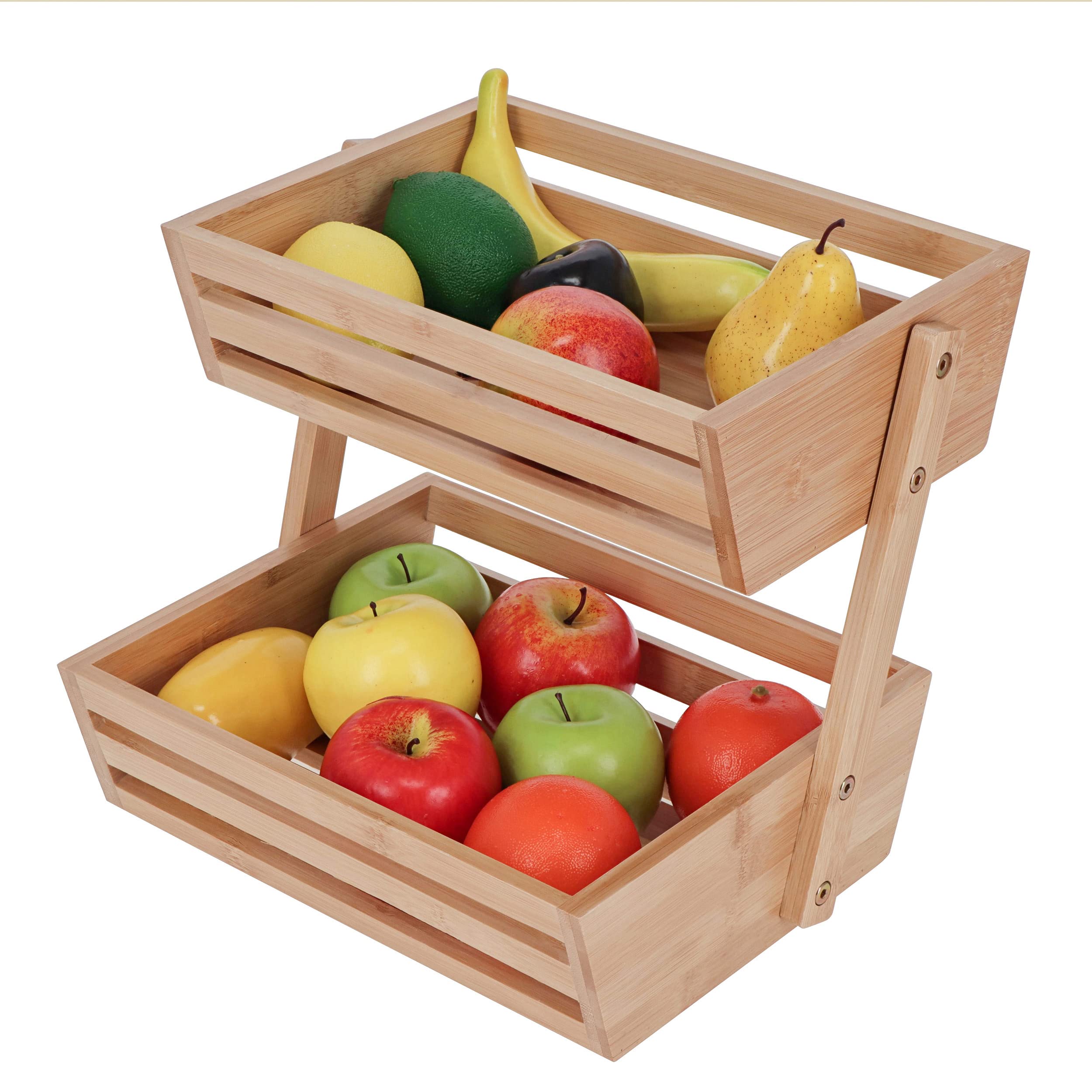 7Penn 2 Tier Fruit Basket for Kitchen Counter - Standing Countertop Bamboo Fruit Basket for Table or Pantry - Large Farmhouse Wooden Fruit Bowl for Vegetables - Rustic Bread Holder Produce Storage