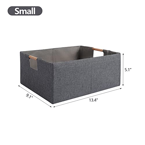 LaMorée Fabric Storage Bin Box Foldable Cotton Linen Storage Basket with Wooden Handles Rectangular Cube Decorative Home Nursery Laundry Organizer Clothes Blanket Container – Gray, Small