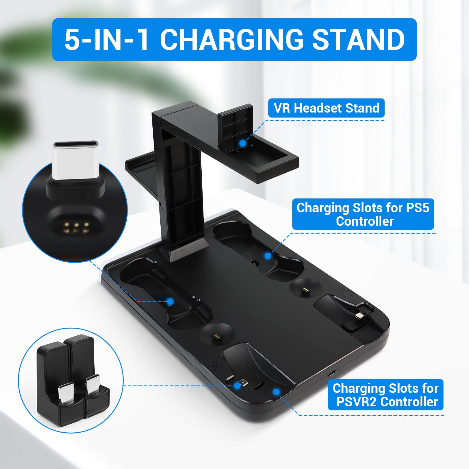 5-in-1 PSVR2 Charging Station Stand for Sony Playstation VR2 and PS5 Controller Charging Dock Station with LED Light, VR Headset Display Stand, Seat Charger and Charging Cable