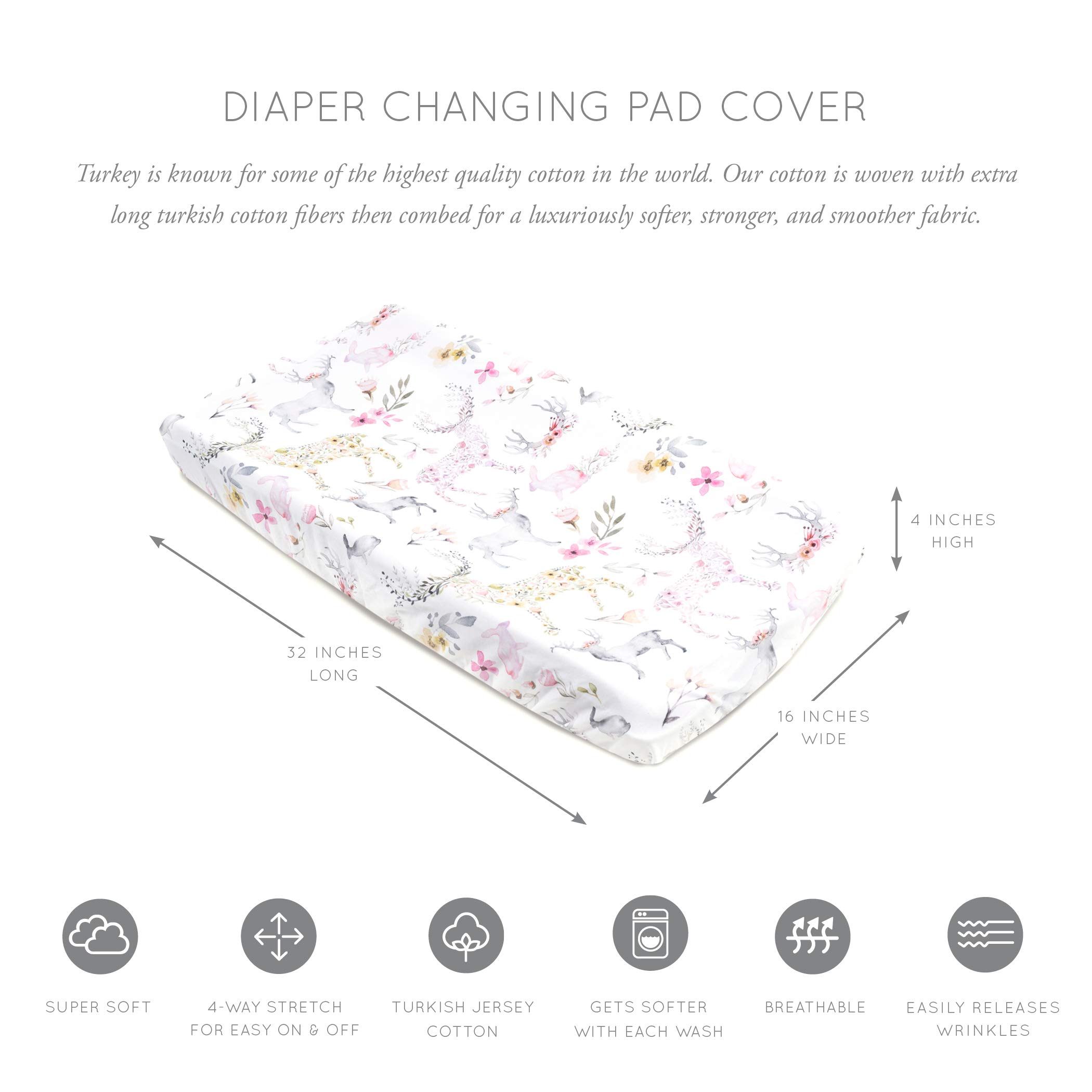 Oilo Changing Pad Cover, Breathable 100% Turkish Cotton Fitted Jersey, 300 Thread Count, Machine Washable, Fits Standard Changing Pads (32" x 16"), Girl, Boy, & Neutral Nursery Design, Fawn
